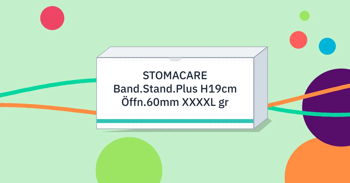 Symbolbild: Packung mit der Aufschrift STOMACARE Band.Stand.Plus H19cm Öffn.60mm XXXXL gr (PZN 16750594) – Verfügbarkeit und Bezug in Apotheken in Frankfurt am Main