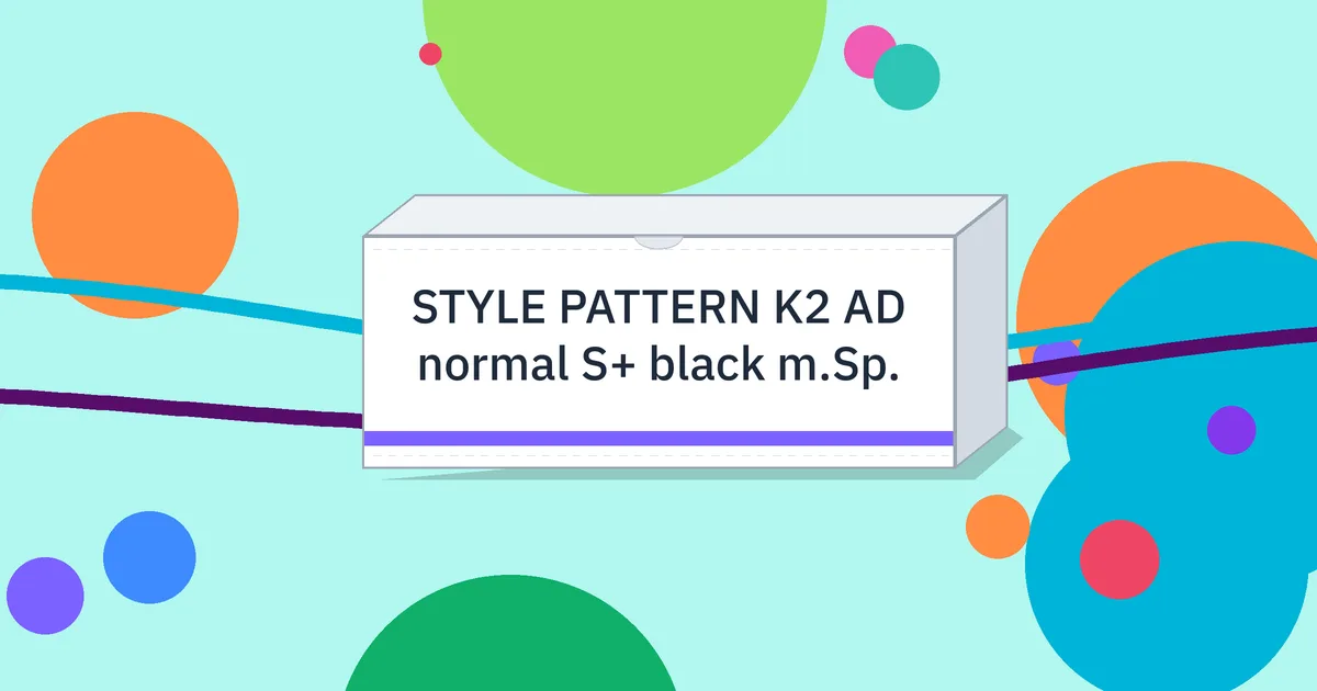 Symbolbild: Packung mit der Aufschrift STYLE PATTERN K2 AD normal S+ black m.Sp. (PZN 19695312) – Verfügbarkeit und Bezug in Apotheken in Frankfurt am Main
