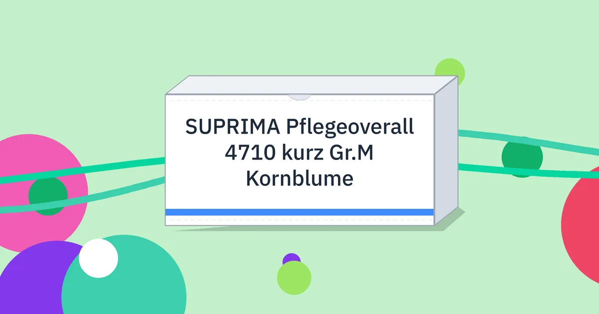 Symbolbild: Packung mit der Aufschrift SUPRIMA Pflegeoverall 4710 kurz Gr.M Kornblume (PZN 05397485) – Verfügbarkeit und Bezug in Apotheken in Frankfurt am Main