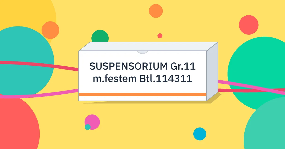 Symbolbild: Packung mit der Aufschrift SUSPENSORIUM Gr.11 m.festem Btl.114311 (PZN 04608916) – Verfügbarkeit und Bezug in Apotheken in Frankfurt am Main