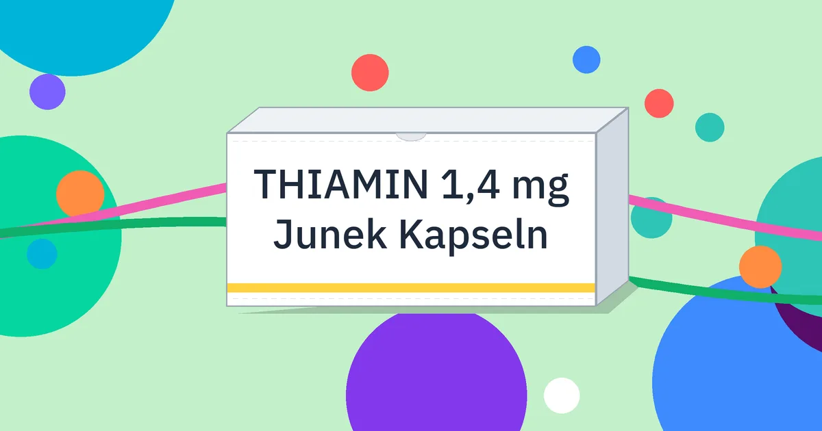 Symbolbild: Packung mit der Aufschrift THIAMIN 1,4 mg Junek Kapseln (PZN 20281478) – Verfügbarkeit und Bezug in Apotheken in Frankfurt am Main