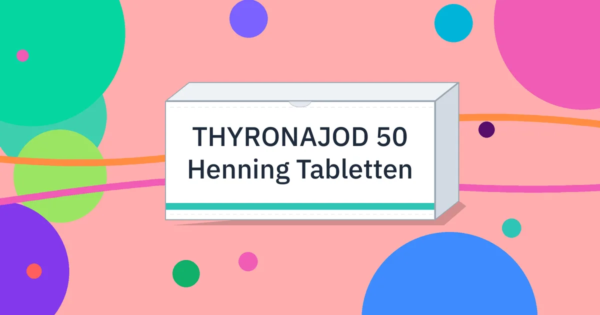 Symbolbild: Packung mit der Aufschrift THYRONAJOD 50 Henning Tabletten (PZN 06882202) – Verfügbarkeit und Bezug in Apotheken in Frankfurt am Main