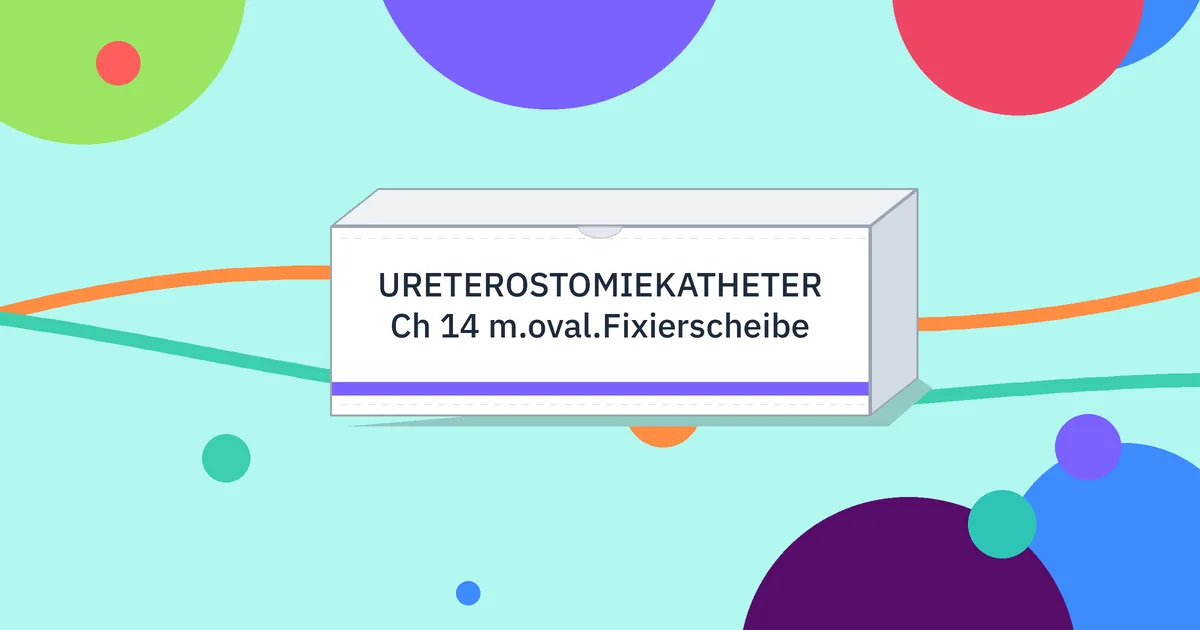 Symbolbild: Packung mit der Aufschrift URETEROSTOMIEKATHETER Ch 14 m.oval.Fixierscheibe (PZN 17508990) – Verfügbarkeit und Bezug in Apotheken in Frankfurt am Main