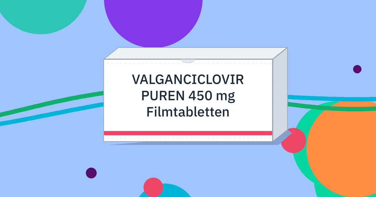 Symbolbild: Packung mit der Aufschrift VALGANCICLOVIR PUREN 450 mg Filmtabletten (PZN 18676755) – Verfügbarkeit und Bezug in Apotheken in Frankfurt am Main