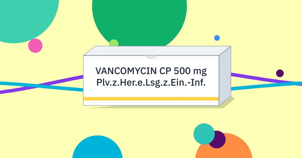 Symbolbild: Packung mit der Aufschrift VANCOMYCIN CP 500 mg Plv.z.Her.e.Lsg.z.Ein.-Inf. (PZN 10916071) – Verfügbarkeit und Bezug in Apotheken in Frankfurt am Main