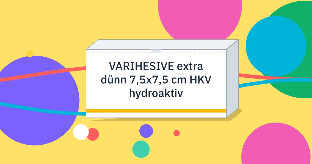 Symbolbild: Packung mit der Aufschrift VARIHESIVE extra dünn 7,5x7,5 cm HKV hydroaktiv (PZN 20827138) – Verfügbarkeit und Bezug in Apotheken in Frankfurt am Main
