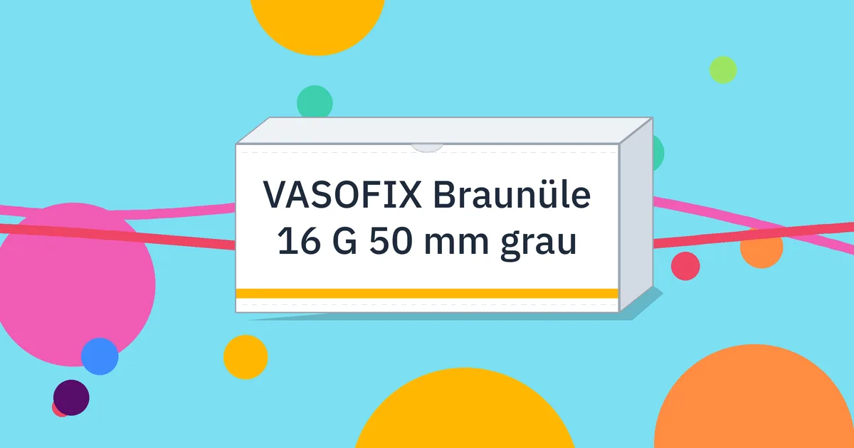 Symbolbild: Packung mit der Aufschrift VASOFIX Braunüle 16 G 50 mm grau (PZN 00328918) – Verfügbarkeit und Bezug in Apotheken in Frankfurt am Main