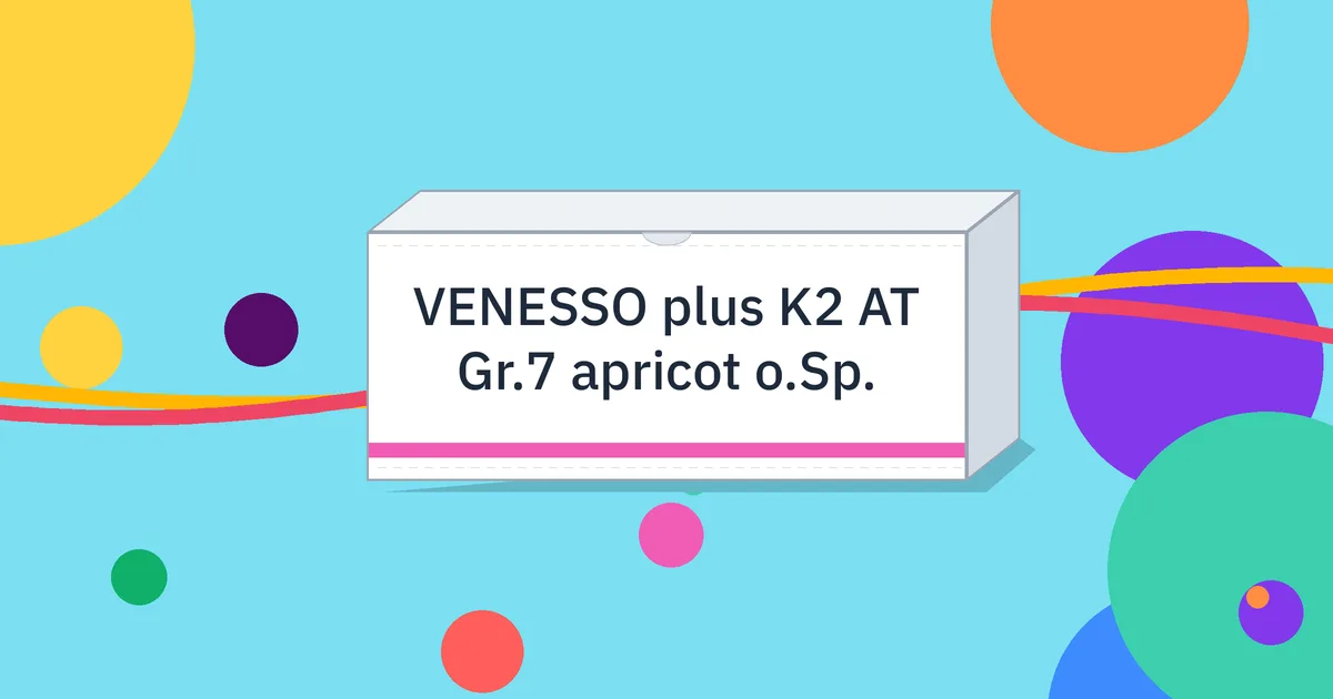 Symbolbild: Packung mit der Aufschrift VENESSO plus K2 AT Gr.7 apricot o.Sp. (PZN 03288332) – Verfügbarkeit und Bezug in Apotheken in Frankfurt am Main