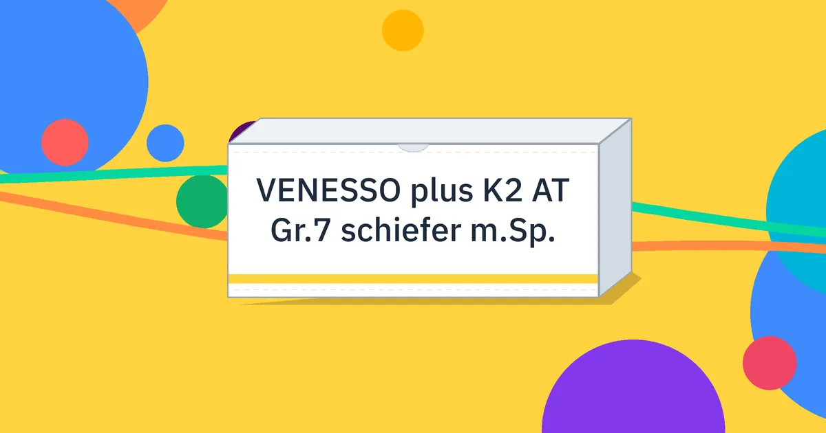 Symbolbild: Packung mit der Aufschrift VENESSO plus K2 AT Gr.7 schiefer m.Sp. (PZN 03286936) – Verfügbarkeit und Bezug in Apotheken in Frankfurt am Main