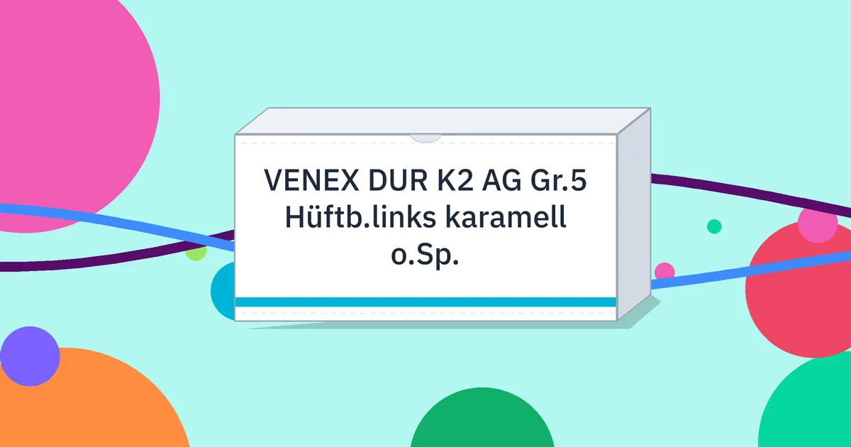 Symbolbild: Packung mit der Aufschrift VENEX DUR K2 AG Gr.5 Hüftb.links karamell o.Sp. (PZN 13761456) – Verfügbarkeit und Bezug in Apotheken in Frankfurt am Main