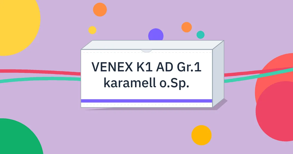 Symbolbild: Packung mit der Aufschrift VENEX K1 AD Gr.1 karamell o.Sp. (PZN 13757302) – Verfügbarkeit und Bezug in Apotheken in Frankfurt am Main