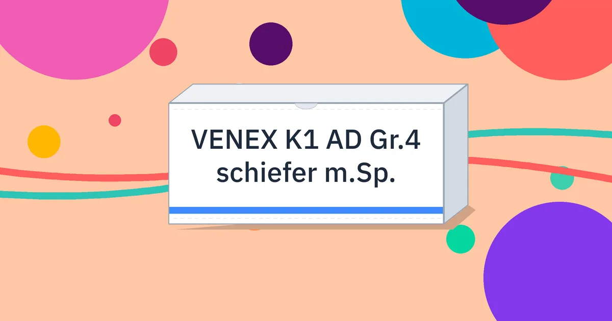 Symbolbild: Packung mit der Aufschrift VENEX K1 AD Gr.4 schiefer m.Sp. (PZN 03184182) – Verfügbarkeit und Bezug in Apotheken in Frankfurt am Main