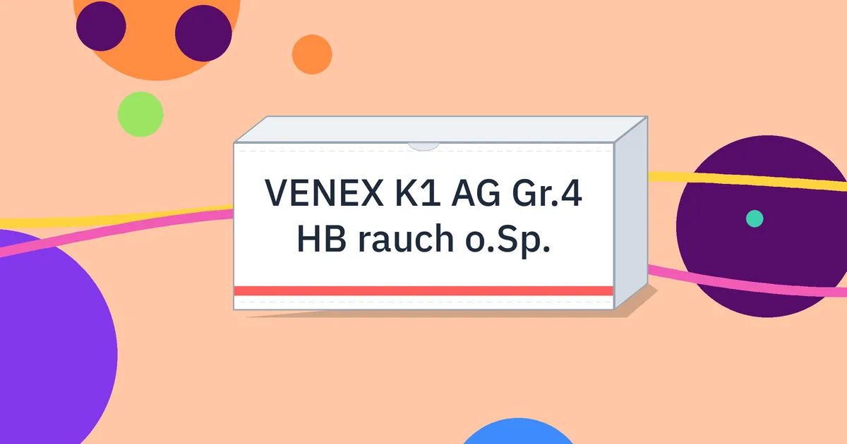Symbolbild: Packung mit der Aufschrift VENEX K1 AG Gr.4 HB rauch o.Sp. (PZN 03192773) – Verfügbarkeit und Bezug in Apotheken in Frankfurt am Main