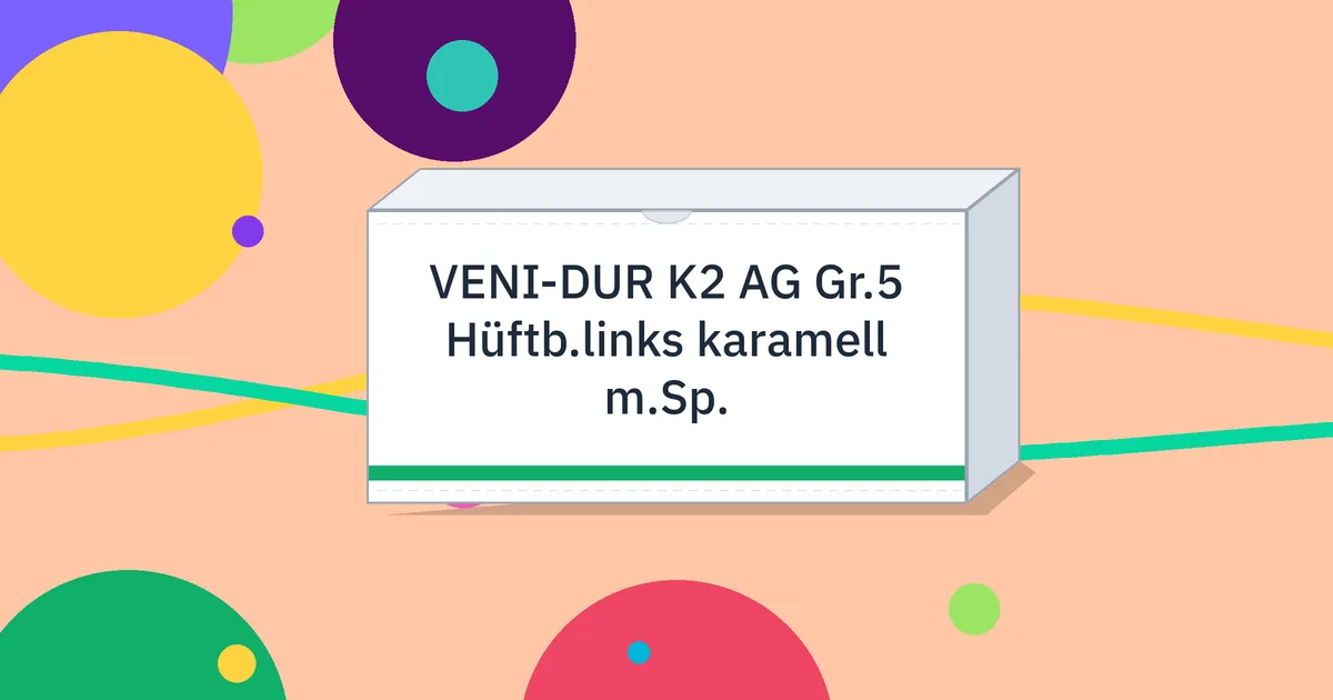 Symbolbild: Packung mit der Aufschrift VENI-DUR K2 AG Gr.5 Hüftb.links karamell m.Sp. (PZN 13760534) – Verfügbarkeit und Bezug in Apotheken in Frankfurt am Main