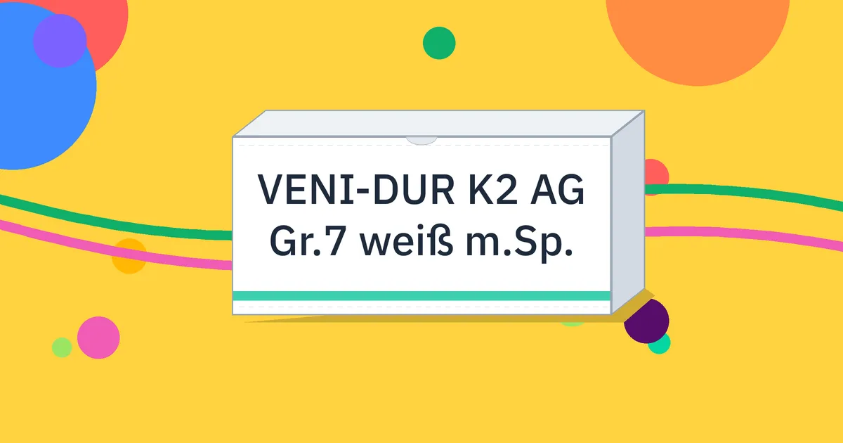 Symbolbild: Packung mit der Aufschrift VENI-DUR K2 AG Gr.7 weiß m.Sp. (PZN 03246144) – Verfügbarkeit und Bezug in Apotheken in Frankfurt am Main