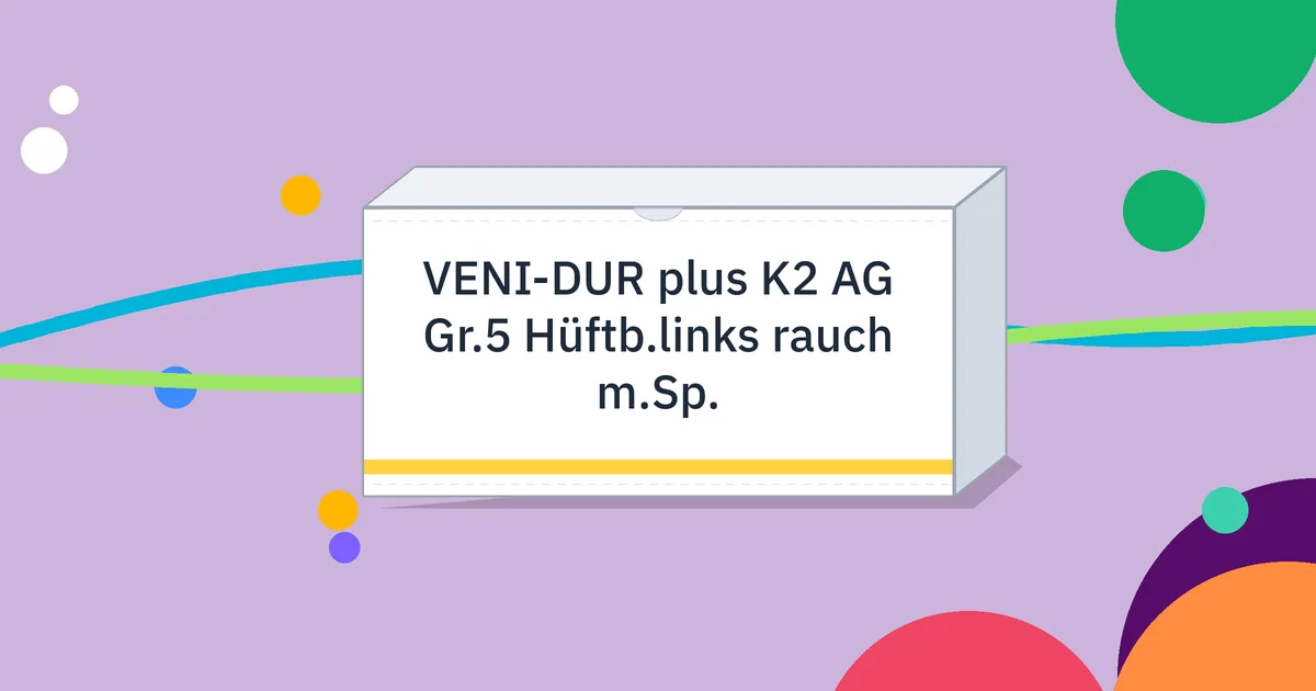 Symbolbild: Packung mit der Aufschrift VENI-DUR plus K2 AG Gr.5 Hüftb.links rauch m.Sp. (PZN 03255640) – Verfügbarkeit und Bezug in Apotheken in Frankfurt am Main
