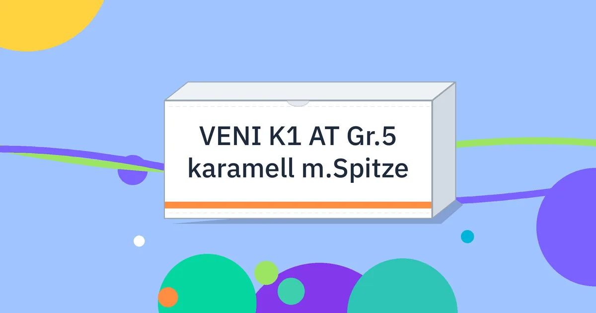 Symbolbild: Packung mit der Aufschrift VENI K1 AT Gr.5 karamell m.Spitze (PZN 13756811) – Verfügbarkeit und Bezug in Apotheken in Frankfurt am Main
