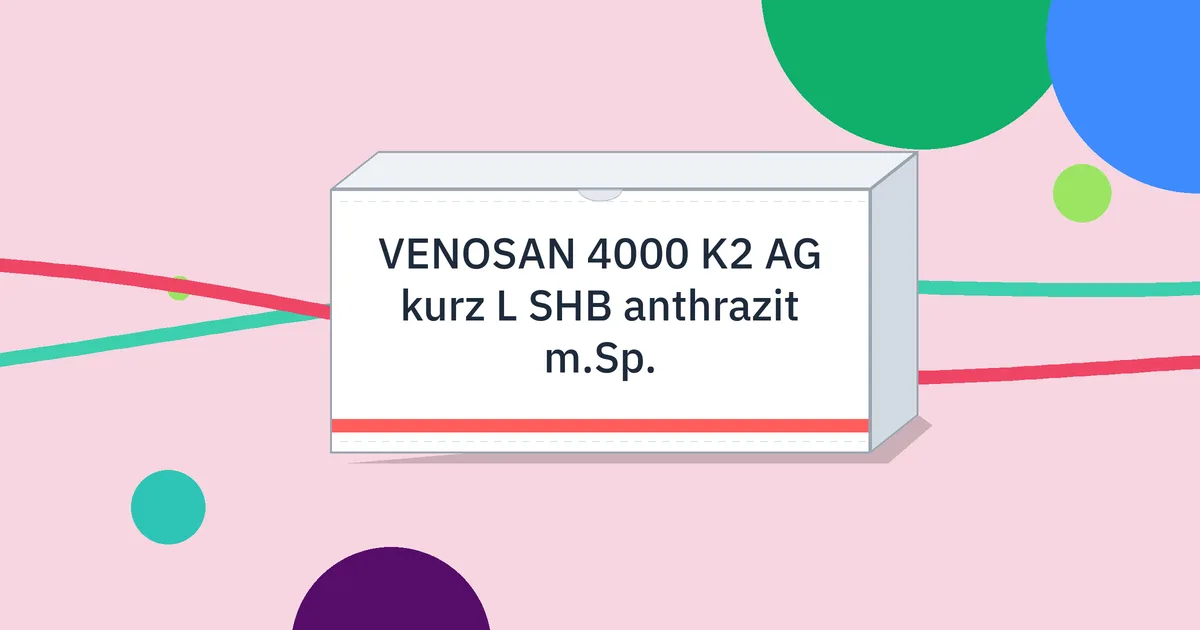 Symbolbild: Packung mit der Aufschrift VENOSAN 4000 K2 AG kurz L SHB anthrazit m.Sp. (PZN 16601813) – Verfügbarkeit und Bezug in Apotheken in Frankfurt am Main