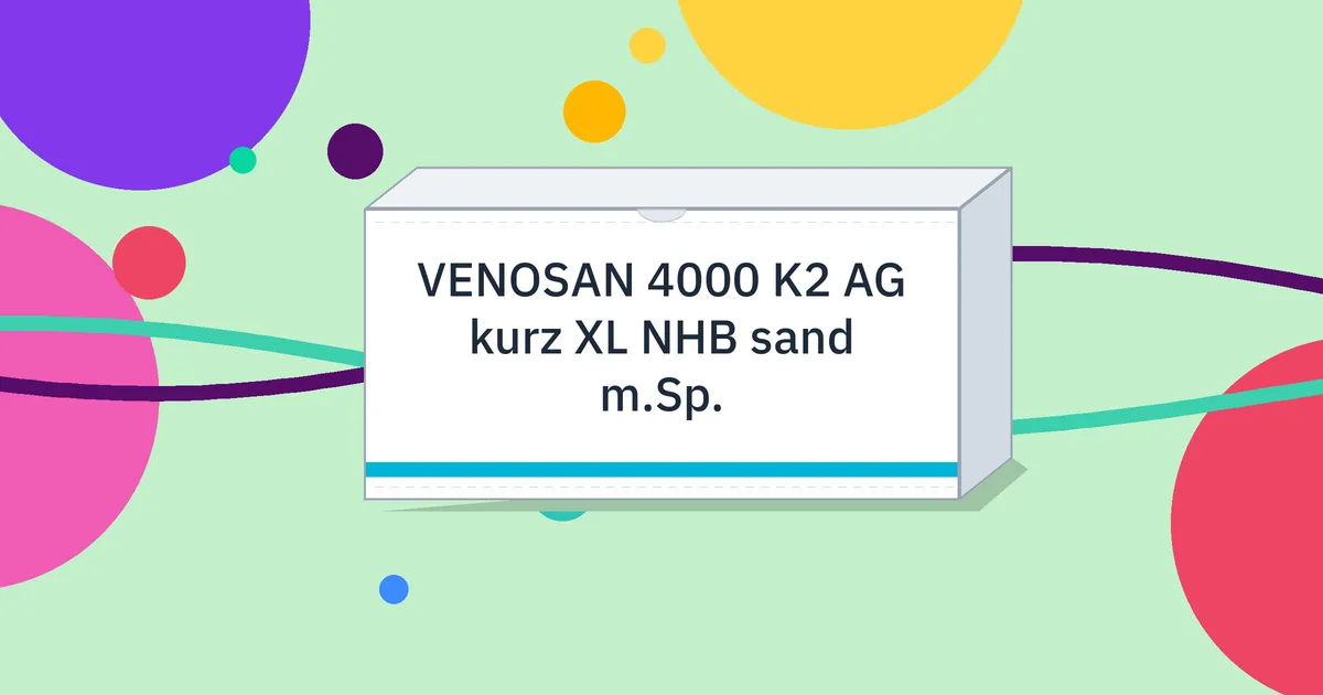 Symbolbild: Packung mit der Aufschrift VENOSAN 4000 K2 AG kurz XL NHB sand m.Sp. (PZN 14422897) – Verfügbarkeit und Bezug in Apotheken in Frankfurt am Main