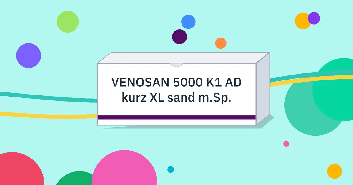 Symbolbild: Packung mit der Aufschrift VENOSAN 5000 K1 AD kurz XL sand m.Sp. (PZN 14428150) – Verfügbarkeit und Bezug in Apotheken in Frankfurt am Main