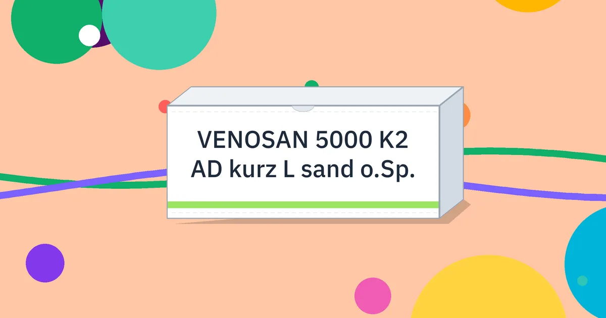 Symbolbild: Packung mit der Aufschrift VENOSAN 5000 K2 AD kurz L sand o.Sp. (PZN 14428612) – Verfügbarkeit und Bezug in Apotheken in Frankfurt am Main