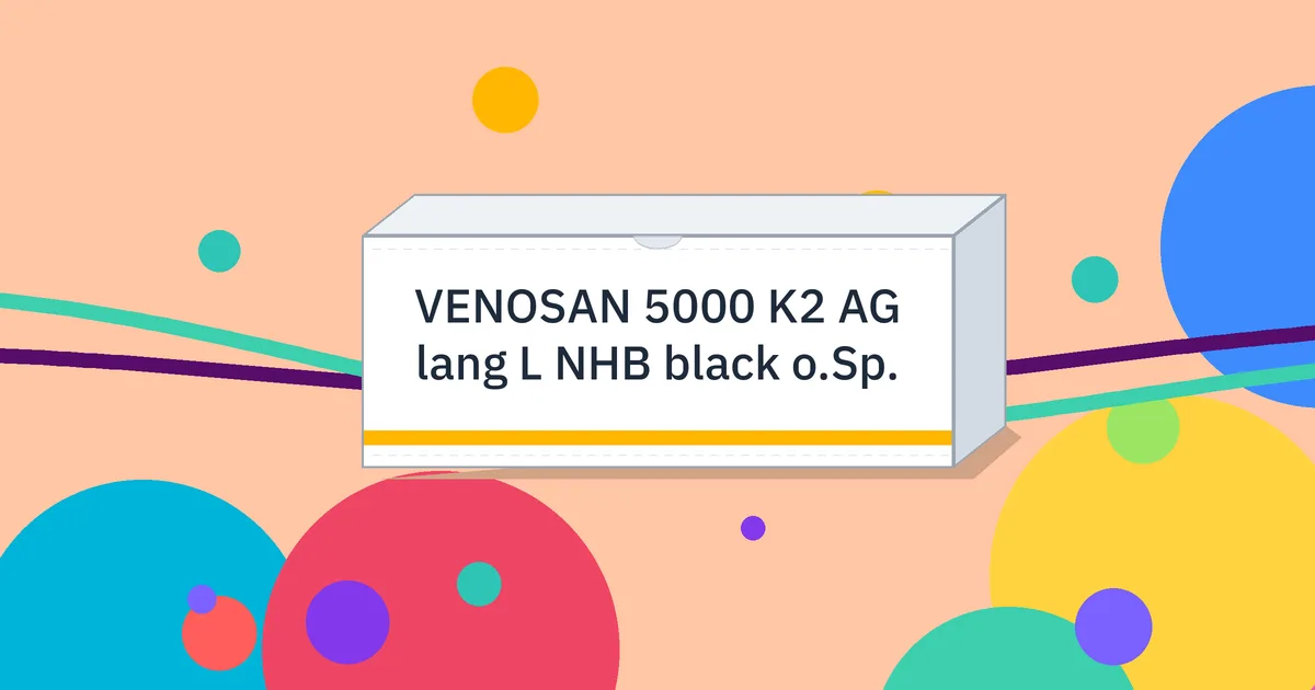 Symbolbild: Packung mit der Aufschrift VENOSAN 5000 K2 AG lang L NHB black o.Sp. (PZN 14433613) – Verfügbarkeit und Bezug in Apotheken in Frankfurt am Main