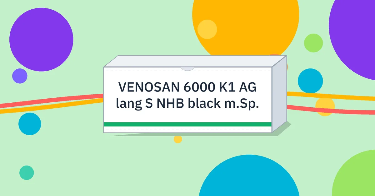Symbolbild: Packung mit der Aufschrift VENOSAN 6000 K1 AG lang S NHB black m.Sp. (PZN 17171792) – Verfügbarkeit und Bezug in Apotheken in Frankfurt am Main
