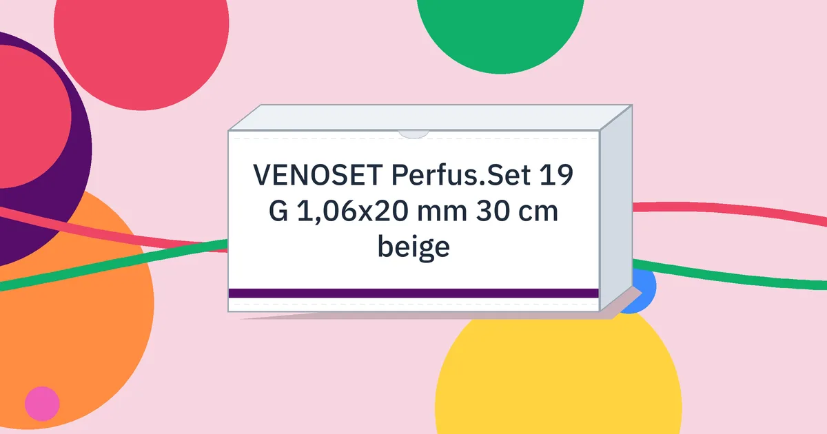 Symbolbild: Packung mit der Aufschrift VENOSET Perfus.Set 19 G 1,06x20 mm 30 cm beige (PZN 13846709) – Verfügbarkeit und Bezug in Apotheken in Frankfurt am Main