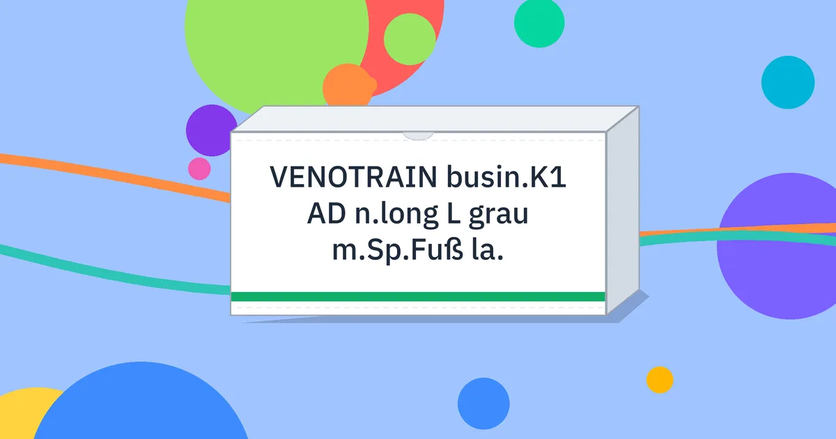 Symbolbild: Packung mit der Aufschrift VENOTRAIN busin.K1 AD n.long L grau m.Sp.Fuß la. (PZN 19056428) – Verfügbarkeit und Bezug in Apotheken in Frankfurt am Main