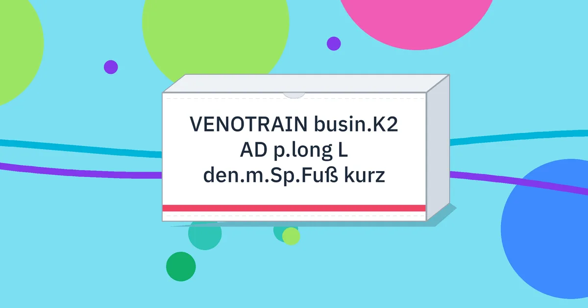 Symbolbild: Packung mit der Aufschrift VENOTRAIN busin.K2 AD p.long L den.m.Sp.Fuß kurz (PZN 19057899) – Verfügbarkeit und Bezug in Apotheken in Frankfurt am Main