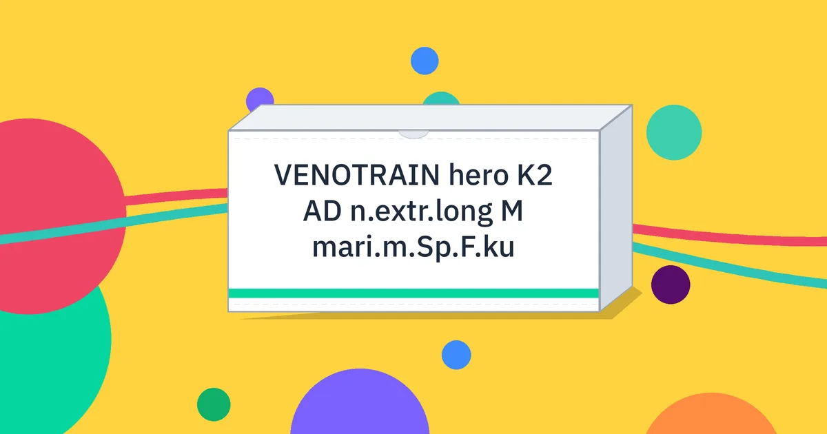 Symbolbild: Packung mit der Aufschrift VENOTRAIN hero K2 AD n.extr.long M mari.m.Sp.F.ku (PZN 19189106) – Verfügbarkeit und Bezug in Apotheken in Frankfurt am Main