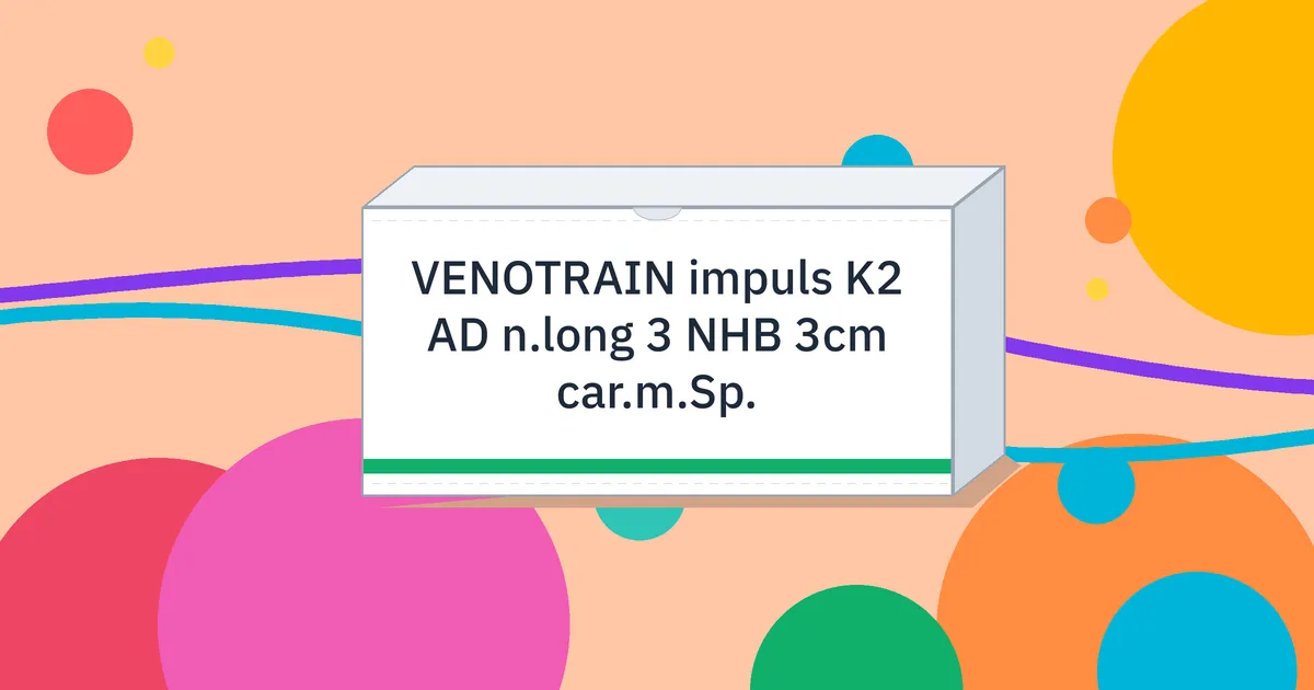 Symbolbild: Packung mit der Aufschrift VENOTRAIN impuls K2 AD n.long 3 NHB 3cm car.m.Sp. (PZN 00645903) – Verfügbarkeit und Bezug in Apotheken in Frankfurt am Main
