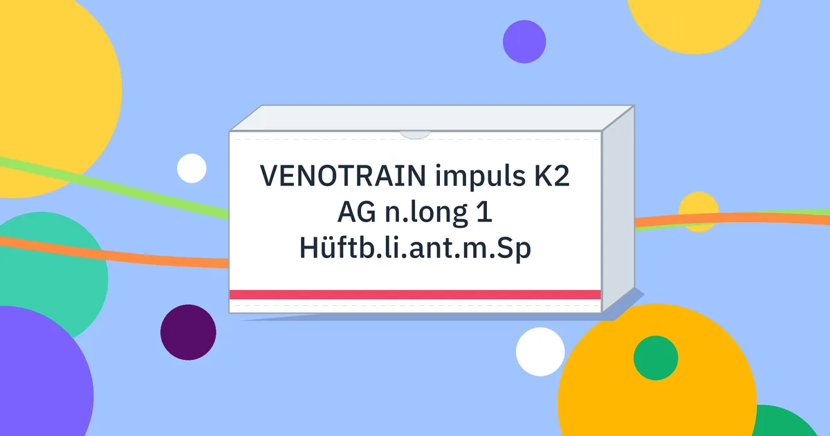 Symbolbild: Packung mit der Aufschrift VENOTRAIN impuls K2 AG n.long 1 Hüftb.li.ant.m.Sp (PZN 15219388) – Verfügbarkeit und Bezug in Apotheken in Frankfurt am Main