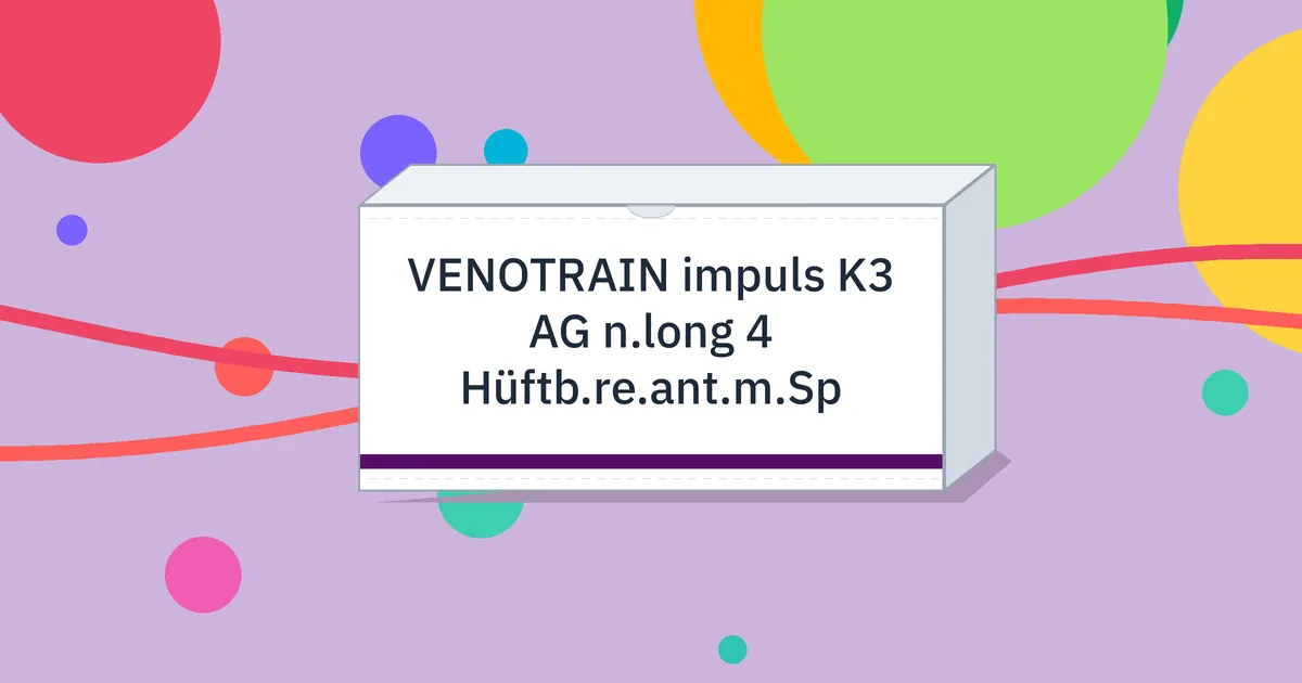 Symbolbild: Packung mit der Aufschrift VENOTRAIN impuls K3 AG n.long 4 Hüftb.re.ant.m.Sp (PZN 15218236) – Verfügbarkeit und Bezug in Apotheken in Frankfurt am Main