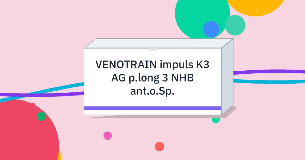 Symbolbild: Packung mit der Aufschrift VENOTRAIN impuls K3 AG p.long 3 NHB ant.o.Sp. (PZN 15216332) – Verfügbarkeit und Bezug in Apotheken in Frankfurt am Main