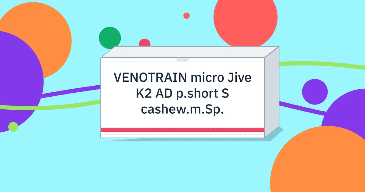 Symbolbild: Packung mit der Aufschrift VENOTRAIN micro Jive K2 AD p.short S cashew.m.Sp. (PZN 20768476) – Verfügbarkeit und Bezug in Apotheken in Frankfurt am Main