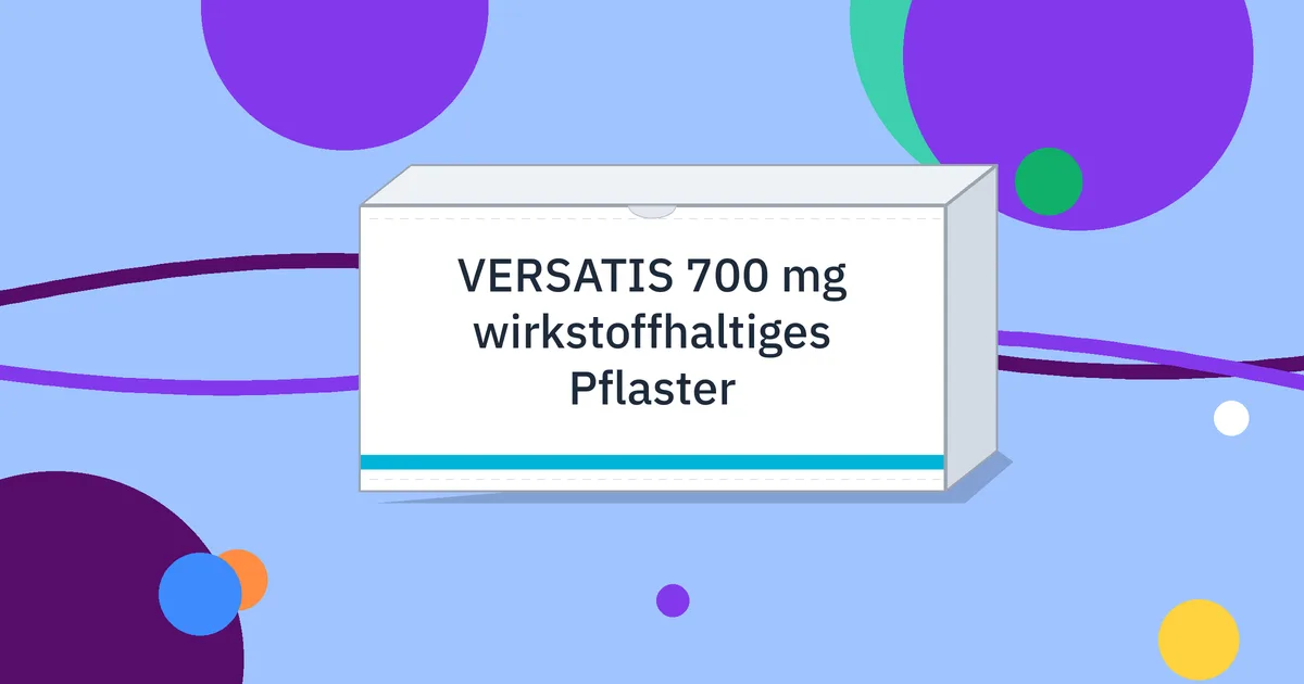 Symbolbild: Packung mit der Aufschrift VERSATIS 700 mg wirkstoffhaltiges Pflaster (PZN 19130691) – Verfügbarkeit und Bezug in Apotheken in Frankfurt am Main