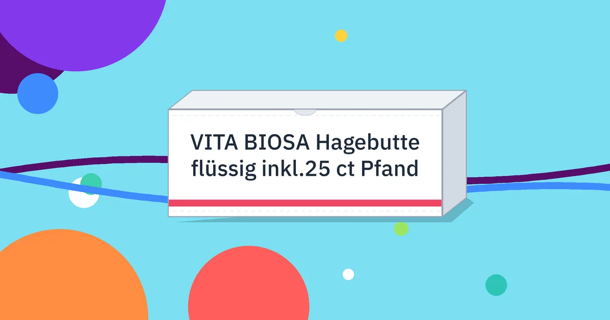 Symbolbild: Packung mit der Aufschrift VITA BIOSA Hagebutte flüssig inkl.25 ct Pfand (PZN 18227589) – Verfügbarkeit und Bezug in Apotheken in Frankfurt am Main