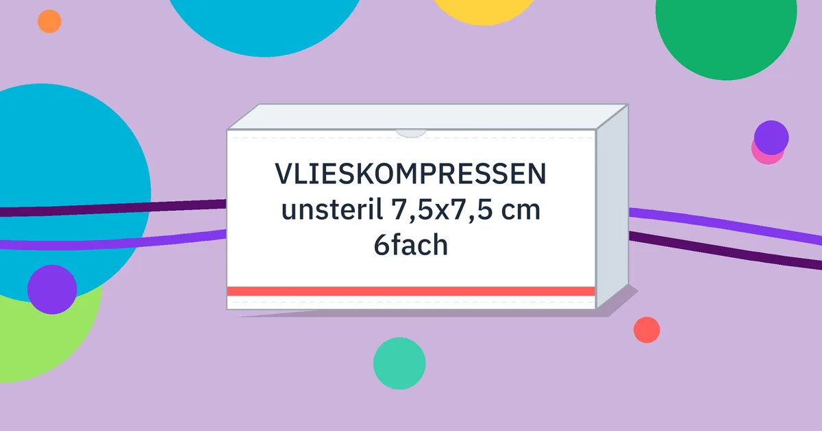 Symbolbild: Packung mit der Aufschrift VLIESKOMPRESSEN unsteril 7,5x7,5 cm 6fach (PZN 01330900) – Verfügbarkeit und Bezug in Apotheken in Frankfurt am Main
