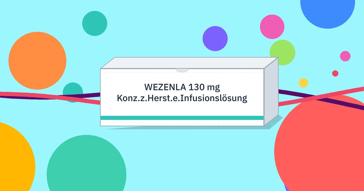 Symbolbild: Packung mit der Aufschrift WEZENLA 130 mg Konz.z.Herst.e.Infusionslösung (PZN 19279507) – Verfügbarkeit und Bezug in Apotheken in Frankfurt am Main