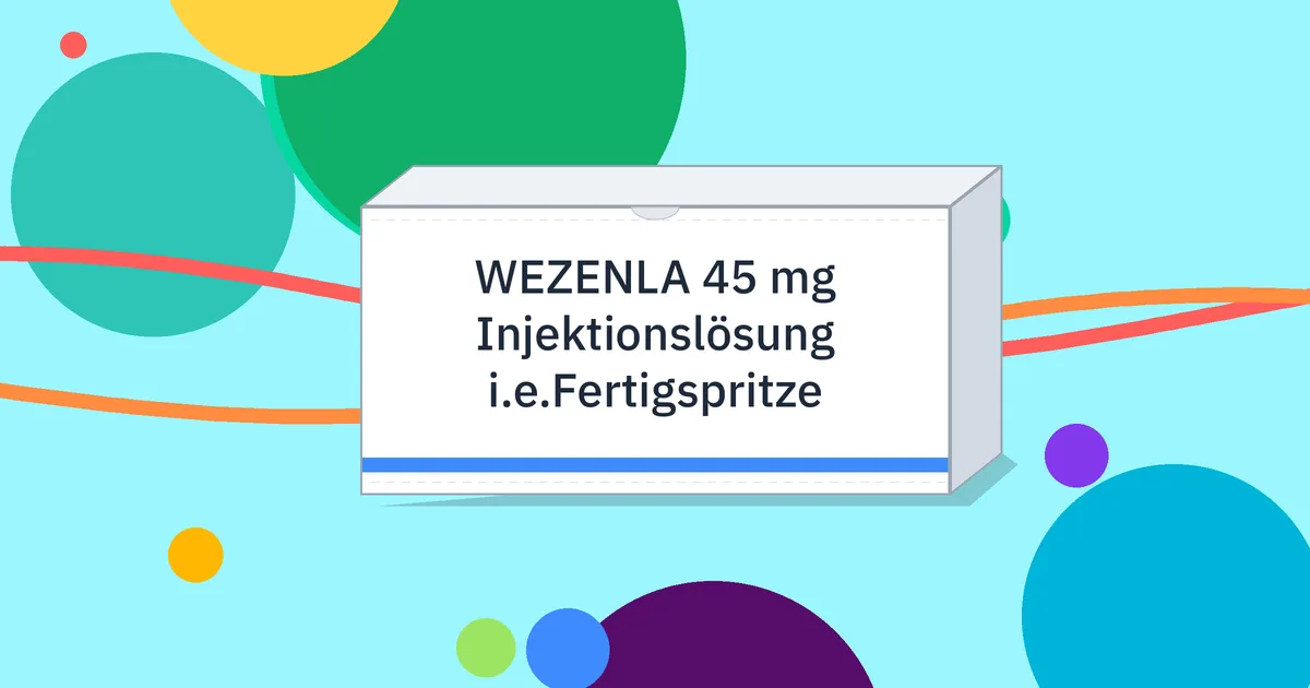 Symbolbild: Packung mit der Aufschrift WEZENLA 45 mg Injektionslösung i.e.Fertigspritze (PZN 19477526) – Verfügbarkeit und Bezug in Apotheken in Frankfurt am Main
