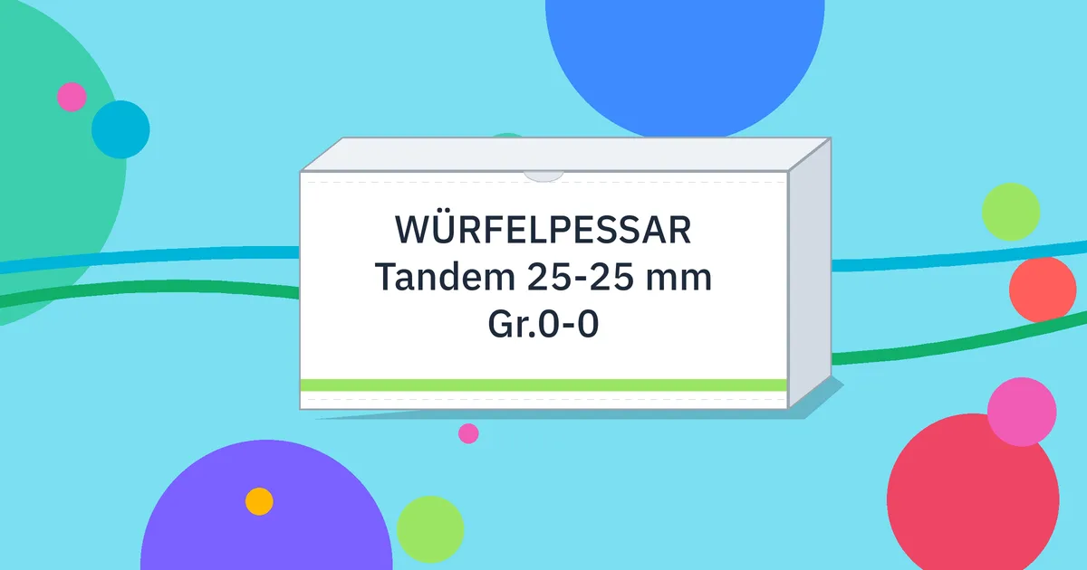 Symbolbild: Packung mit der Aufschrift WÜRFELPESSAR Tandem 25-25 mm Gr.0-0 (PZN 06127090) – Verfügbarkeit und Bezug in Apotheken in Frankfurt am Main