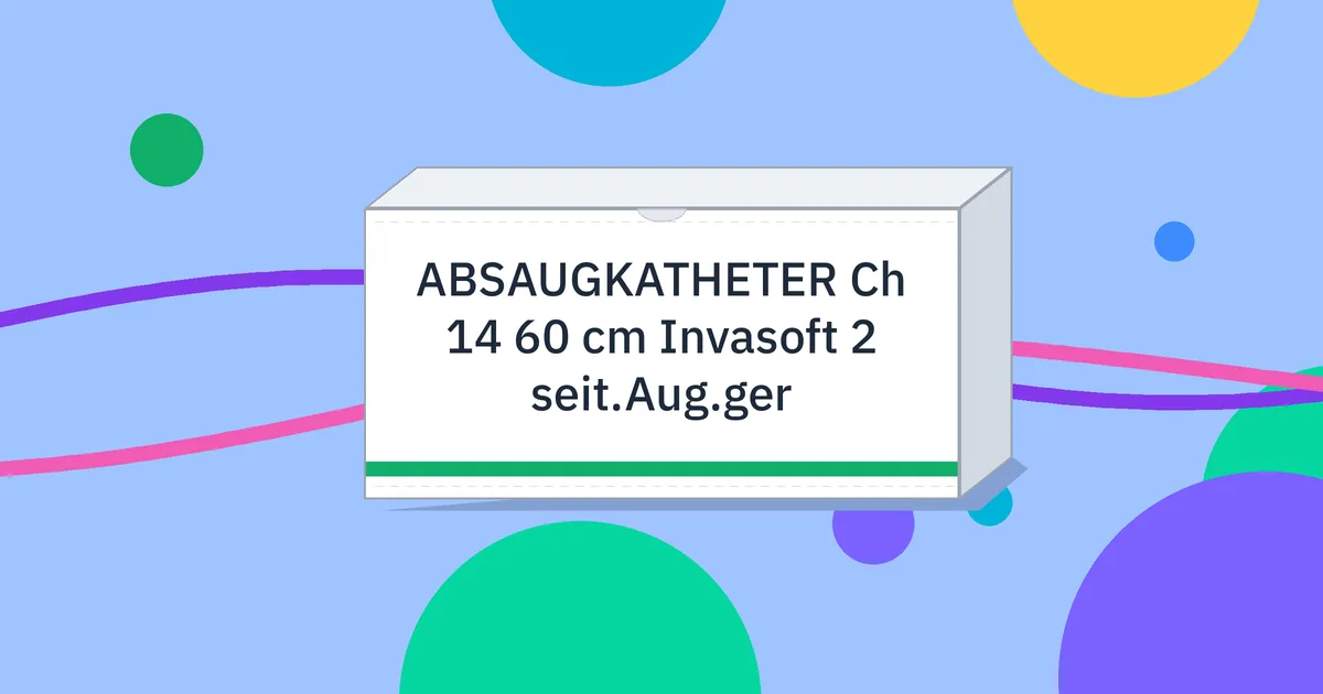 Symbolbild: Packung mit der Aufschrift ABSAUGKATHETER Ch 14 60 cm Invasoft 2 seit.Aug.ger (PZN 17177814) – Verfügbarkeit und Bezug in Apotheken in Frankfurt am Main