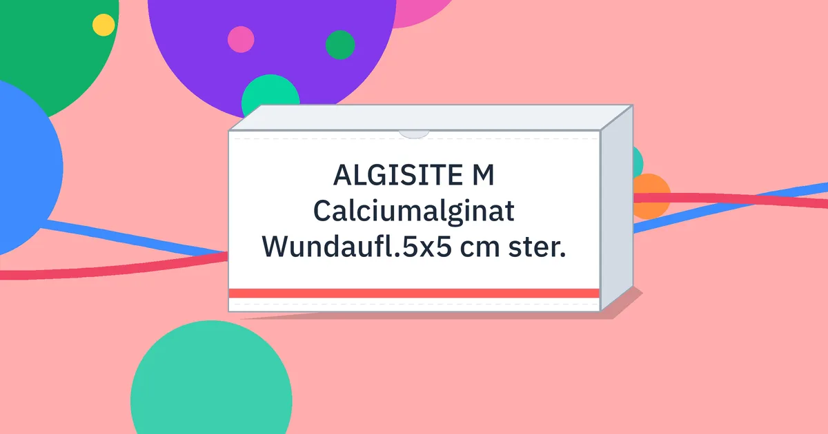 Symbolbild: Packung mit der Aufschrift ALGISITE M Calciumalginat Wundaufl.5x5 cm ster. (PZN 03305881) – Verfügbarkeit und Bezug in Apotheken in Frankfurt am Main
