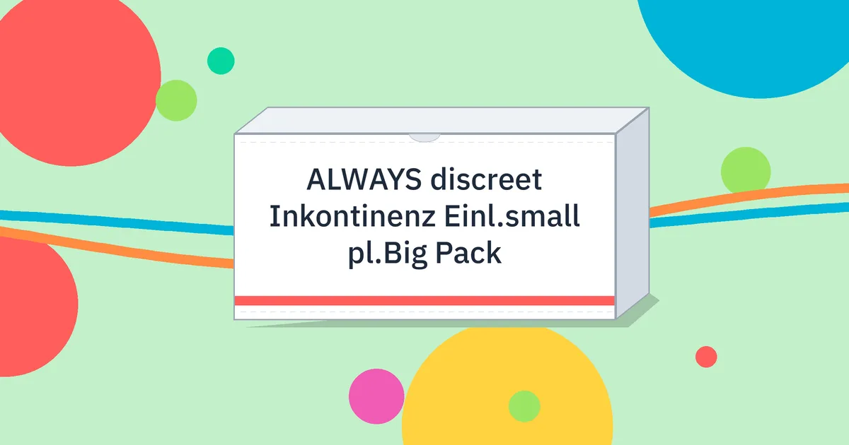 Symbolbild: Packung mit der Aufschrift ALWAYS discreet Inkontinenz Einl.small pl.Big Pack (PZN 19224860) – Verfügbarkeit und Bezug in Apotheken in Frankfurt am Main