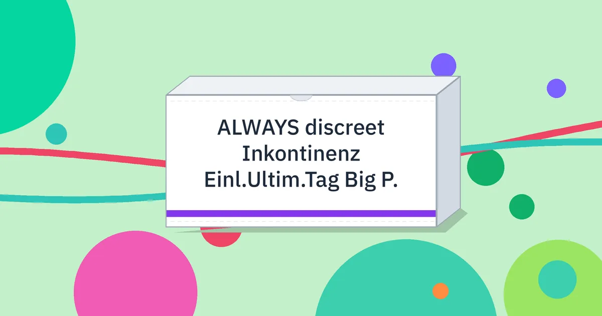 Symbolbild: Packung mit der Aufschrift ALWAYS discreet Inkontinenz Einl.Ultim.Tag Big P. (PZN 19224914) – Verfügbarkeit und Bezug in Apotheken in Frankfurt am Main