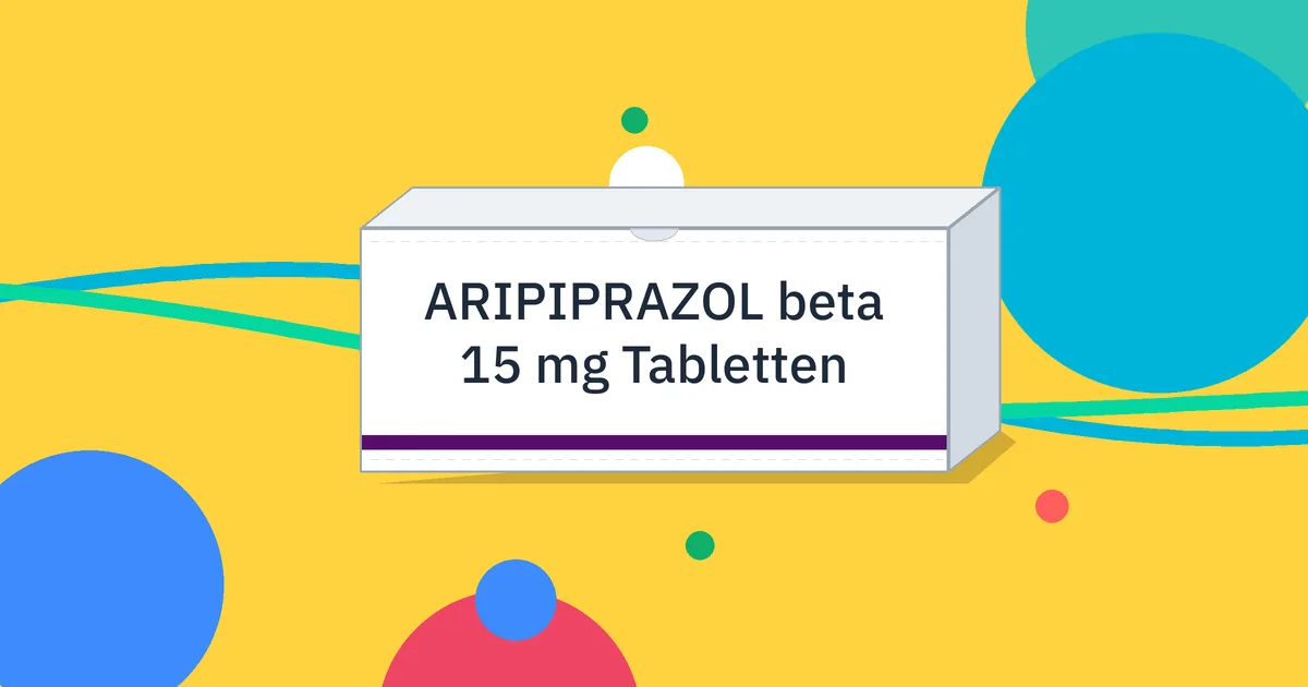 Symbolbild: Packung mit der Aufschrift ARIPIPRAZOL beta 15 mg Tabletten (PZN 10784468) – Verfügbarkeit und Bezug in Apotheken in Frankfurt am Main