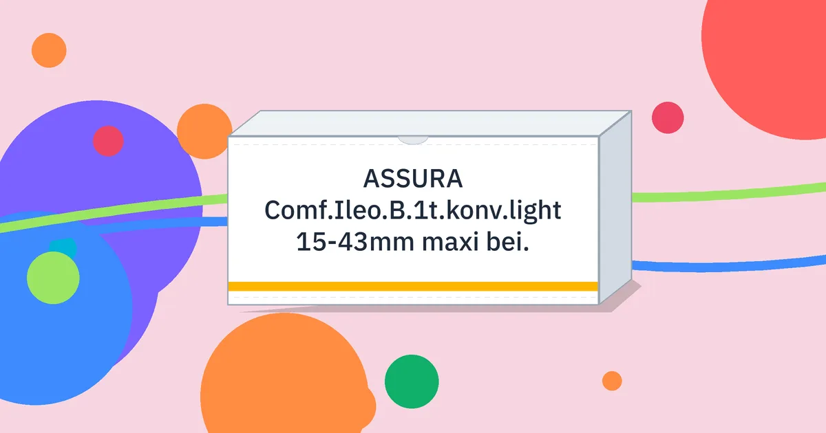 Symbolbild: Packung mit der Aufschrift ASSURA Comf.Ileo.B.1t.konv.light 15-43mm maxi bei. (PZN 02239136) – Verfügbarkeit und Bezug in Apotheken in Frankfurt am Main