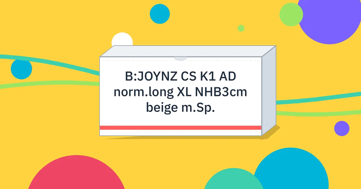 Symbolbild: Packung mit der Aufschrift B:JOYNZ CS K1 AD norm.long XL NHB3cm beige m.Sp. (PZN 20529398) – Verfügbarkeit und Bezug in Apotheken in Frankfurt am Main