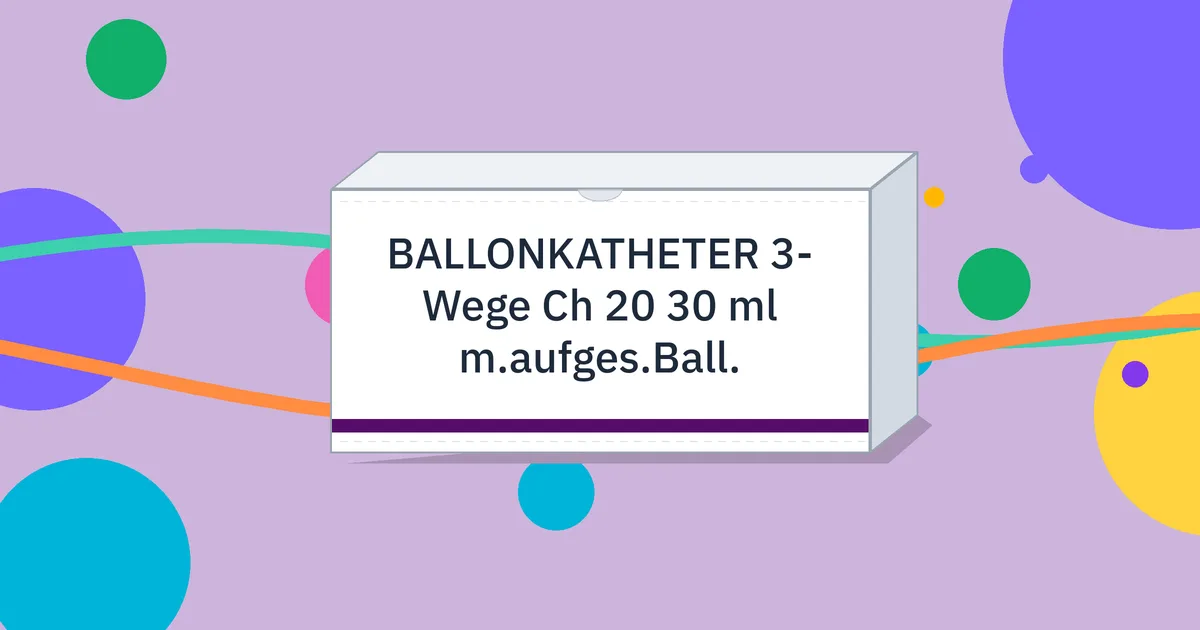 Symbolbild: Packung mit der Aufschrift BALLONKATHETER 3-Wege Ch 20 30 ml m.aufges.Ball. (PZN 04864140) – Verfügbarkeit und Bezug in Apotheken in Frankfurt am Main
